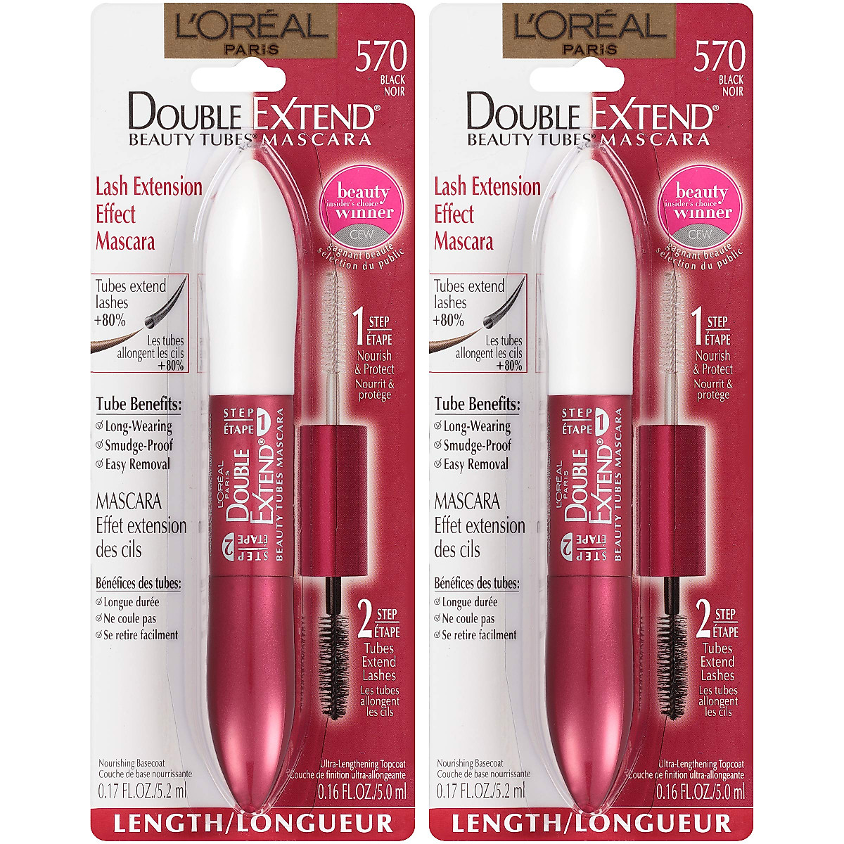 L'Oreal Paris Makeup Double Extend Beauty Tubes Lengthening 2 Step Mascara, Washable, Black, 0.33 oz., 2 Count