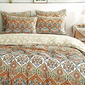 DaDa Bedding Bohemian Duvet Cover w/Pillow Cases - Reversible Coral Teal Floral Paisley Botanical Garden Party - Bright Vibrant Multi-Colorful Blue Salmon Pink - Full - 3-Pieces