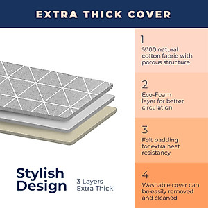 Happhom Compact Space Saver Ironing Board with Extra Thick Heavy Duty Padded Cotton Cover, Height Adjustable, Lightweight and Easy Storage with Smart Hanger, Easy Storage and Lightweight Design 13x43