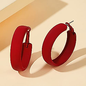 Large Red Matte Round Hoop Earrings Wide Faux Leather Multicolor Pierced for Women Classic Lightweight Wedding Holiday Jewelry-Red