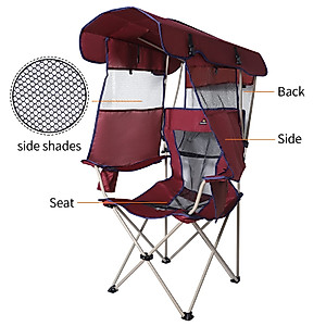 Camping Brothers Camping Chair with Shade Canopy - Outdoor Folding Patio Chair - Includes Retractable Sun Shade, Cup Holder, Side Pockets (Maroon)