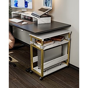 HMFOR Computer Tower Stand with Height Adjustable, PC Stand for Under Desk, Moblie Computer Case Tower, 3-Tier Computer Cart with Rolling Wheels for Home Office Gaming Case, Faux White Marble
