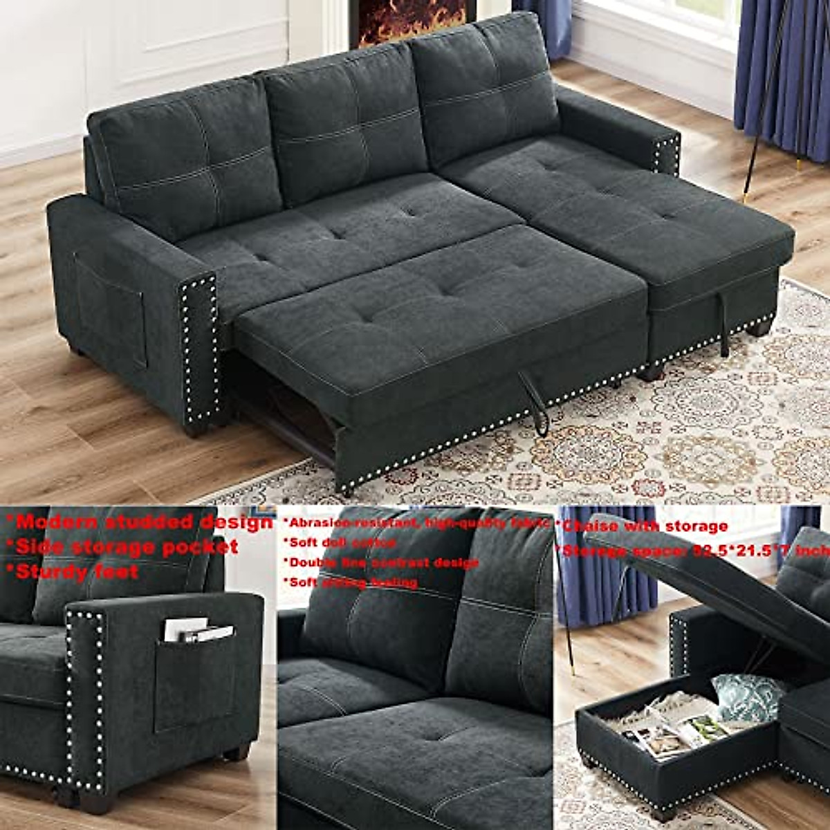 Evedy Upholstery Sleeper Sectional Sofa with Storage Chaise-Pull Out Couch Bed Reversible SofaBed for Living Room Furniture Set, Silver Rivets on Both Hands, a-Black
