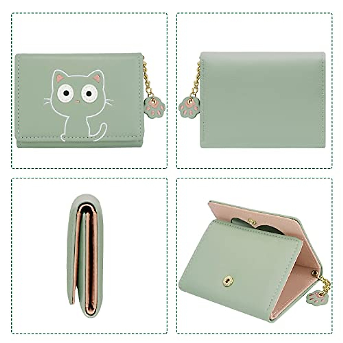 Sunwel Fashion Cute Little Cat Pattern Small Wallet Credit Card Holder Cash Pockets ID Window with Paw Pendant (GREEN, Tri-fold)