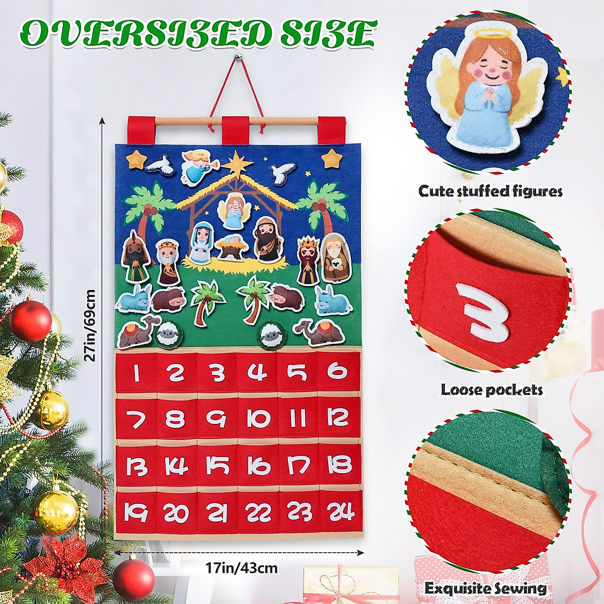 Timoo Nativity Advent Calendar 2024 Fabric Christmas Countdown Calendar for Kids Wall Christmas Advent Calendar with Pockets and 24 Unique Stuffed Figures