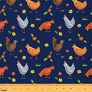 Colorful Chicken Fabric by The Yard Watercolor Hand Painted Farm Livestock Fabric for Chairs Decoration DIY Gifts Home Decor Childish Floret Rustic Plants Fabric for Kids Boys Girls,1 Yard