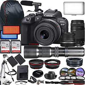 Canon EOS R10 Mirrorless Camera w/RF-S 18-45mm f/4.5-6.3 is STM + EF 75-300mm f/4-5.6 III Lens + 500mm f/8 Focus Lens + 2X 64GB Memory + Case + Microphone + LED Video Light + More (35pc Bundle)