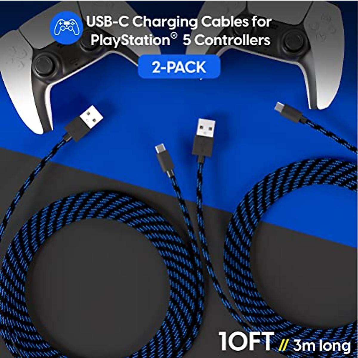 TALK WORKS Fast Charge USB-C Charger Cable for PS5 Controller - 10 Feet Long, Heavy-Duty Braided Type C Cord Charging Compatible with Sony Playstation 5 - Black-Blue (2 Pack)