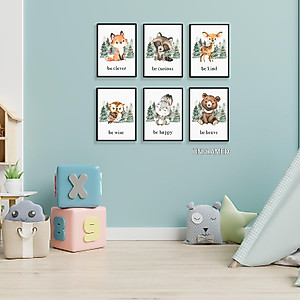 gooptyinh Woodland Nursery Animal Canvas Wall Art, 6 Piece Inspirational Forest Animals Print Posters, Motivational Quotes Cute Bear Fox Rabbit Deer Raccoon Owl Decor for Baby Bedroom 8x10in Unframed