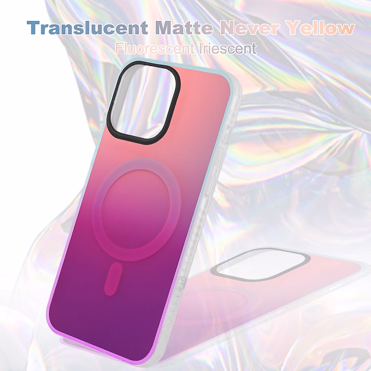 AIGOMARA Iridescent Case for iPhone 14 Pro Max Case [Compatible with Magsafe] [Fluorescent Iridescent] [1 Screen Protector] Shockproof Translucent Matte Protective Case 6.7 Inch 2022, Pink Purple