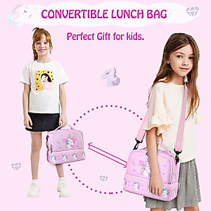 Lunch Bag for Kids, Insulated Lunch Box Cute Thermal Lunch Tote Bag with Dual Compartment and Removable Shoulder Strap, VONXURY (Pink Unicorn 2)