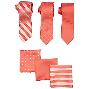 Stacy Adams Men's 3 Pack Satin Neckties Solid Striped Dots with Pocket Squares, Coral, One Size