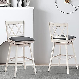 COSTWAY Bar Stool Set of 4, 360 ° Swivel Bar Height 29.5 inch Bar Stool with Foot Rest Upholstered Cushion & Ergonomic Backrest, Sturdy Frame, for Pub, Restaurant, Home (4, Antique White + Grey)