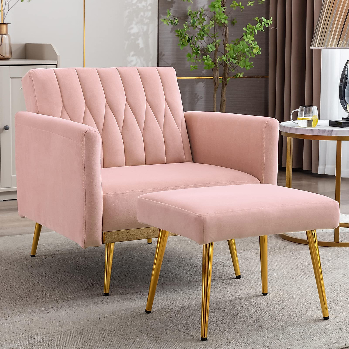 Modern Velvet Single Sofa Chair with Ottoman, Accent Living Room Chairs with Adjustable Armrests, Upholstered Tufted Lounge Chair for Home, Bedroom, Office (Pink)