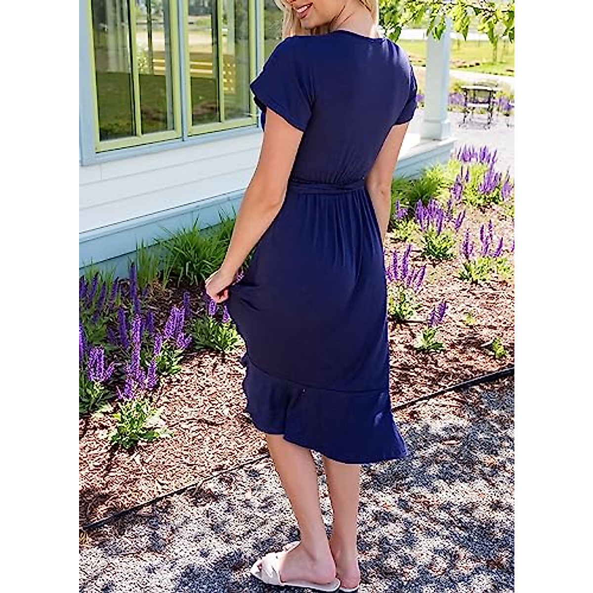 Dokotoo Womens 2023 Summer Spring Dresses Casual Wrap Round Neck Short Puff Sleeve Belt A-Line Ruffle Hem Formal Midi Dress Blue Medium