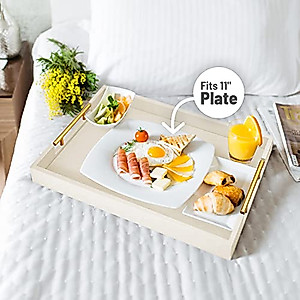 17" x 12" Wood Serving Tray with Gold Polished Metal Handles, Home Decorative Wooden Rectangle Ottoman Decor Platter Bathroom Vanity Tray for All Occasions White