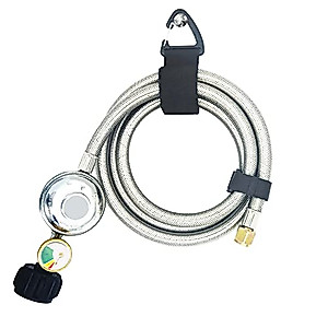 NQN Upgraded 6 FT Stainless Braided Propane Regulator Hose with Gauge, QCC1 Propane Adapter Hose Regulator for 20lb Tank with Elbow Adaptor, Replacement Part for Blackstone Weber LP Gas Grill Heater