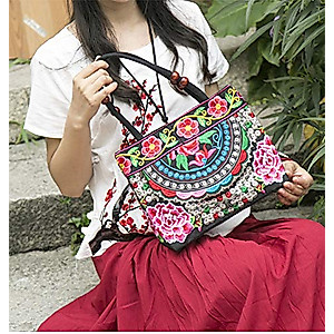 Embroidered Canvas Top Handle Handbags for Women,Ladies Casual Vintage Handbag Tote Bag