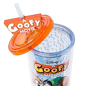 Silver Buffalo Disney A Goofy Movie Featuring Goofy, Max Goof, Roxanne and Bobby Zimuruski Plastic Cold Cup with Lid and Straw Topper, 24 Ounces