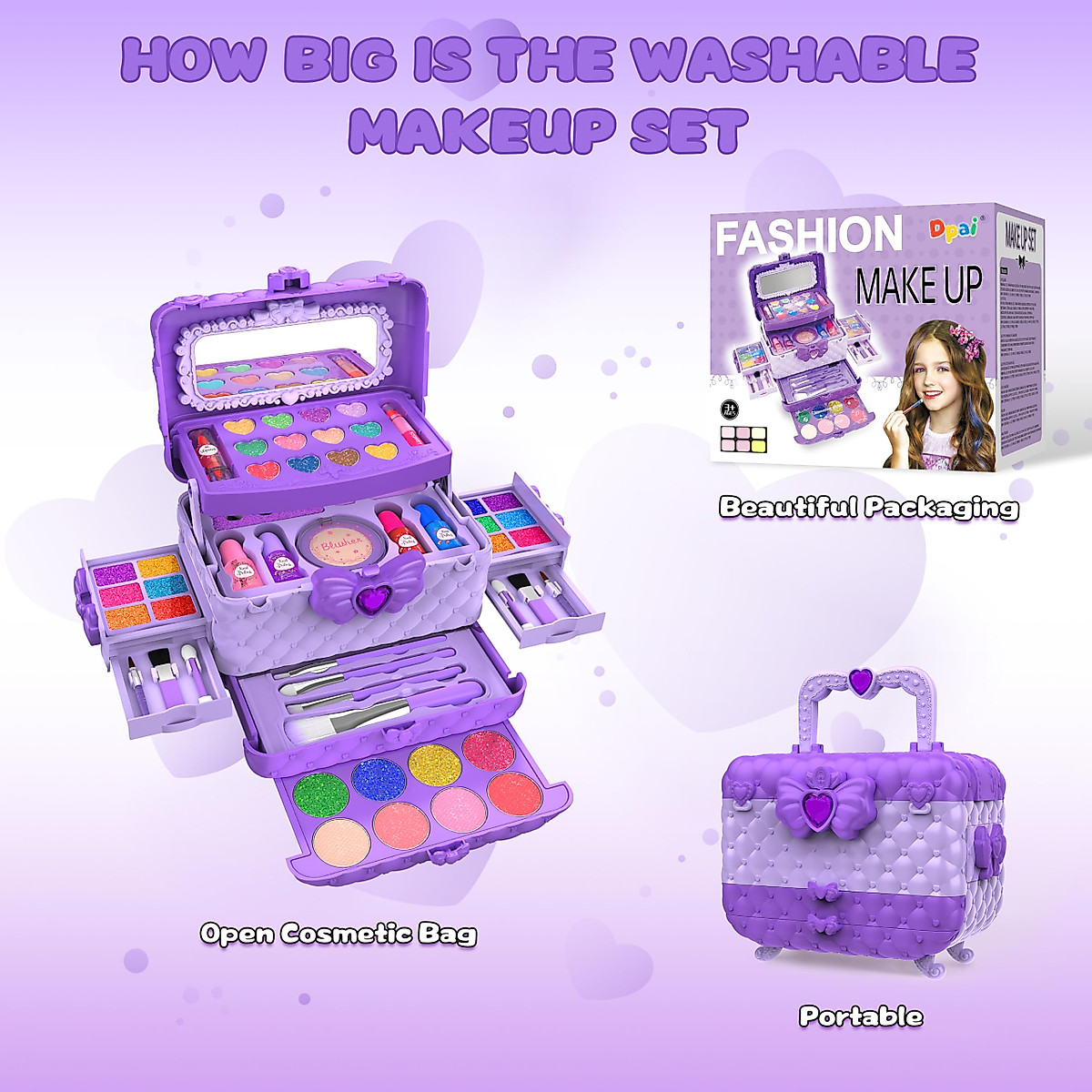 54 Pcs Kids Makeup Kit for Girls, Princess Real Washable Pretend Play Cosmetic Set Toys with Mirror, Non-Toxic & Safe, Birthday Gifts for 3 4 5 6 7 8 9 10 Years Old Girls Kids (Purple)