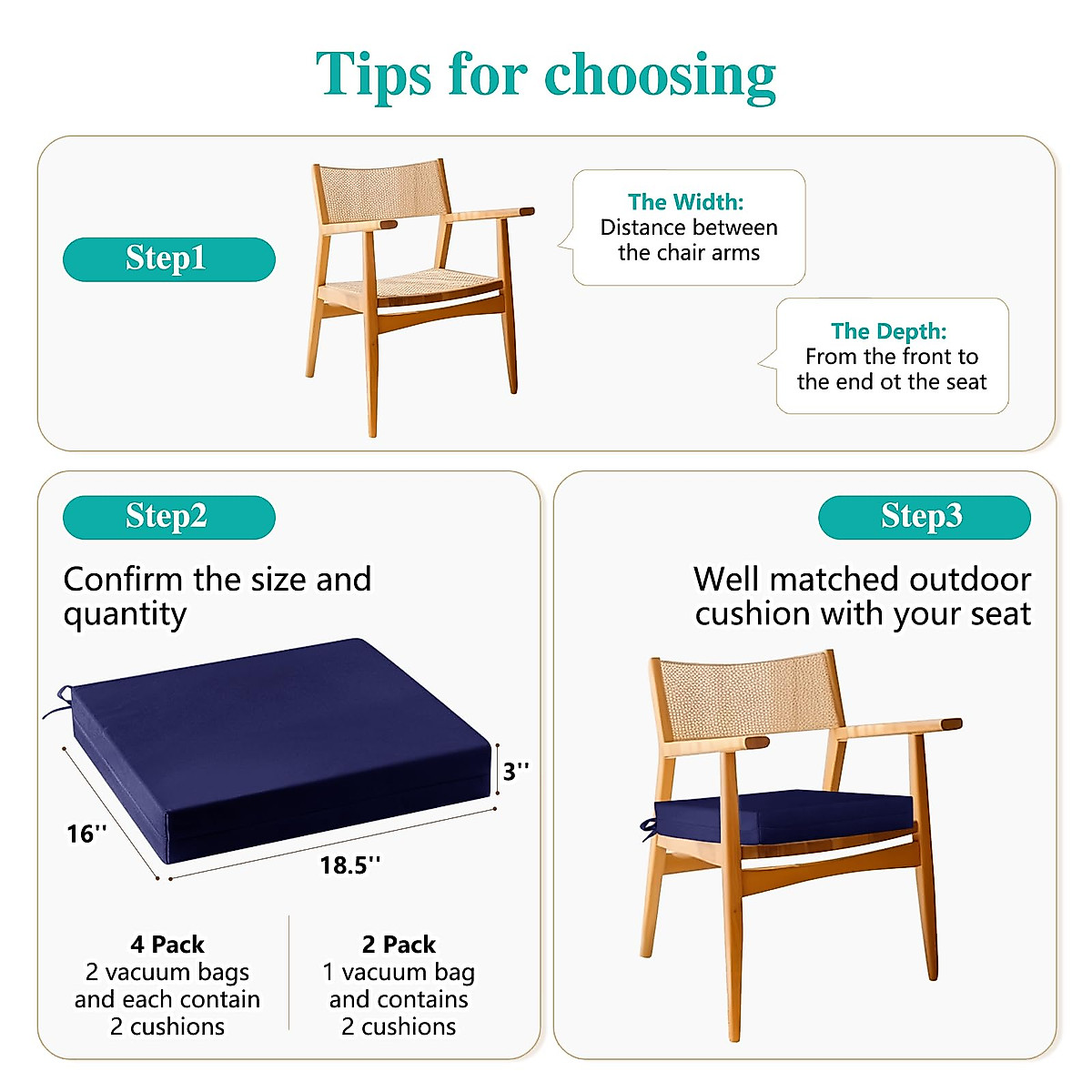 Luxepurilyn Outdoor Chair Cushions, Patio Furniture Waterproof Outdoor Cushions -Patio Chair Cushions Square Corner with Ties Set of 2, 18.5"x16"x3", Navy