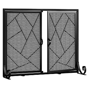 Fire Beauty Fireplace Screen with Hinged Doors Cast Iron Border Sturdy Steel Frame Durable Metal Mesh Decorative Spark Guard Black Finish(Middle)