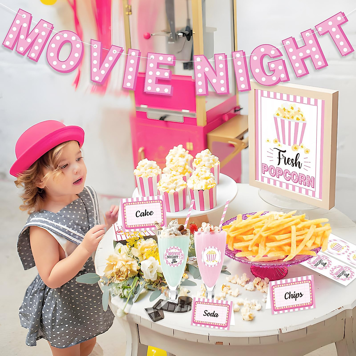 K KUMEED Movie Night Party Decorations-Pink Movie Night Banner Cute Popcorn Sign Ice Cold Drink Toppings Tent Cards Movie Night Stickers for Movie Theme Party Summer Ice Bar Film Party Supplies