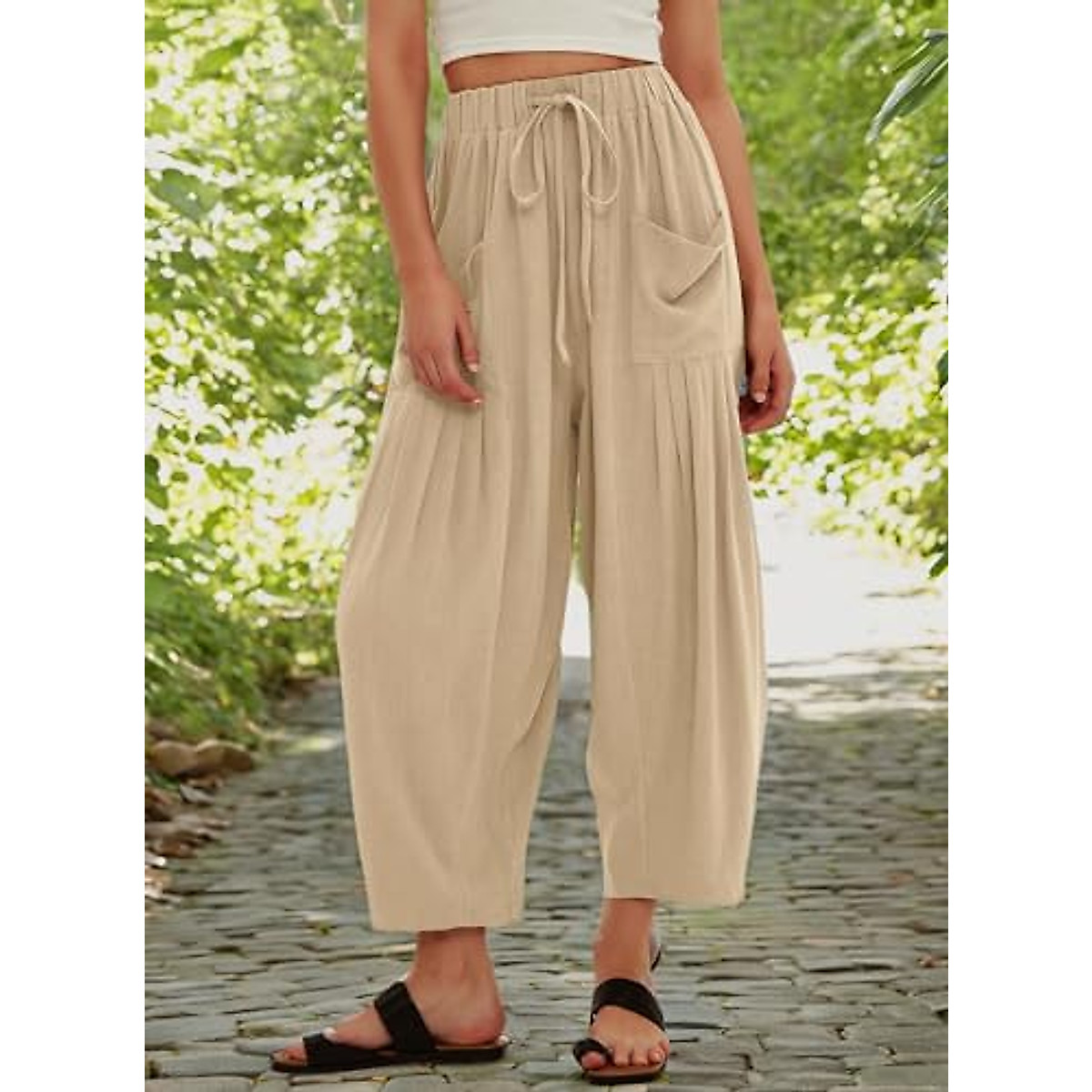 Beaully Women's Linen Pants Casual Loose High Waist Drawstring Wide Leg Capri Pants Trousers with Pockets 6094 Apricot Medium