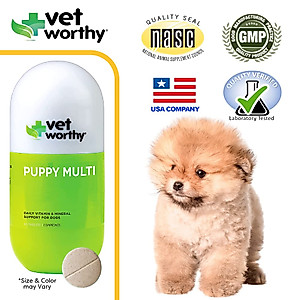 Vet Worthy Puppy MultiVitamins - Multivitamin for Puppies to Support Optimum Health & Overall Wellness - Dog Supplement with Iron,Magnesium,Zinc,Vitamin A,B Vitamins - Liver Flavor,60 Chewable Tablets