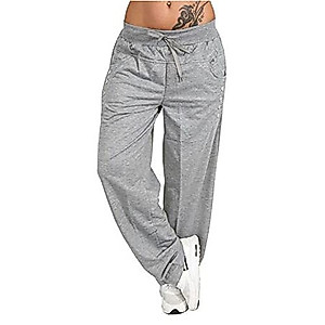 Wirziis Yoga Pants Womens Elastic Waist Tummy Control Lounge Wide Leg Pants Workout Bootleg Trousers, 4 Pockets Work Flare Pants, 04#gray