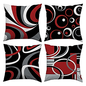 Mologle Red and Black Throw Pillow Covers 18x18 Set of 4,Grey Modern Abstract Pillowcases,Gray Geometric Circle Pattern Decor for Sofa Couch Living Room Bedroom Home Outdoor