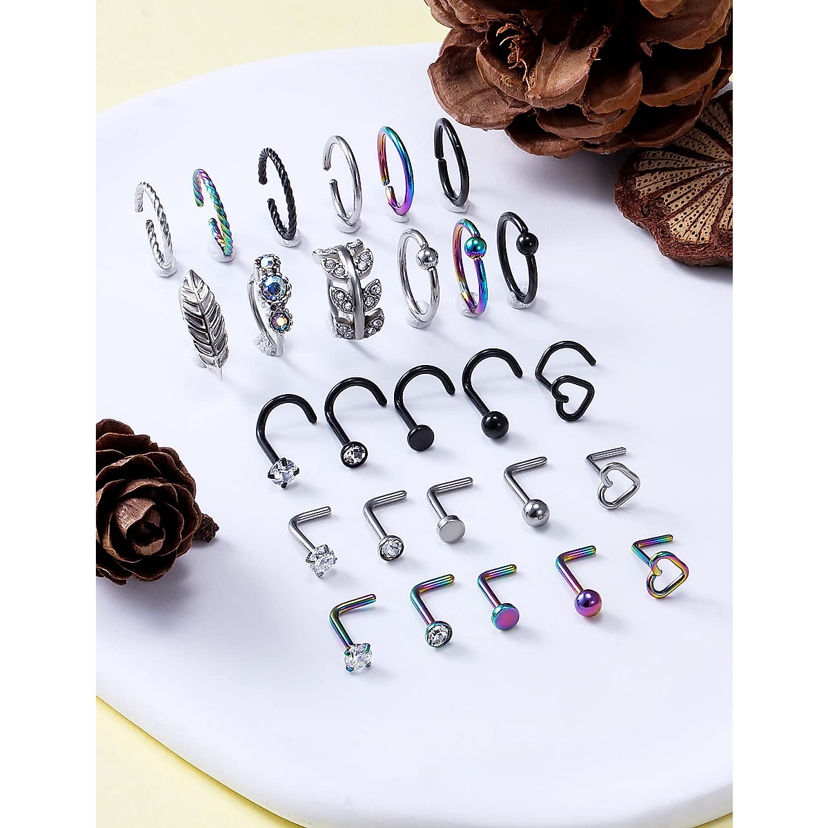 Kridzisw 18g Nose Rings Studs Hoops Piercing Jewelry 316L Stainless Surgical Steel L Shaped Screw Spiral Twist Hypoallergenic Heart Cute Nostril Ring Hoop for women Men Diamond 2mm 8mm