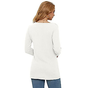 AUSELILY Women Casual Long Sleeve Waffle Knit Solid Color V-Neck Shirt Tunic White M