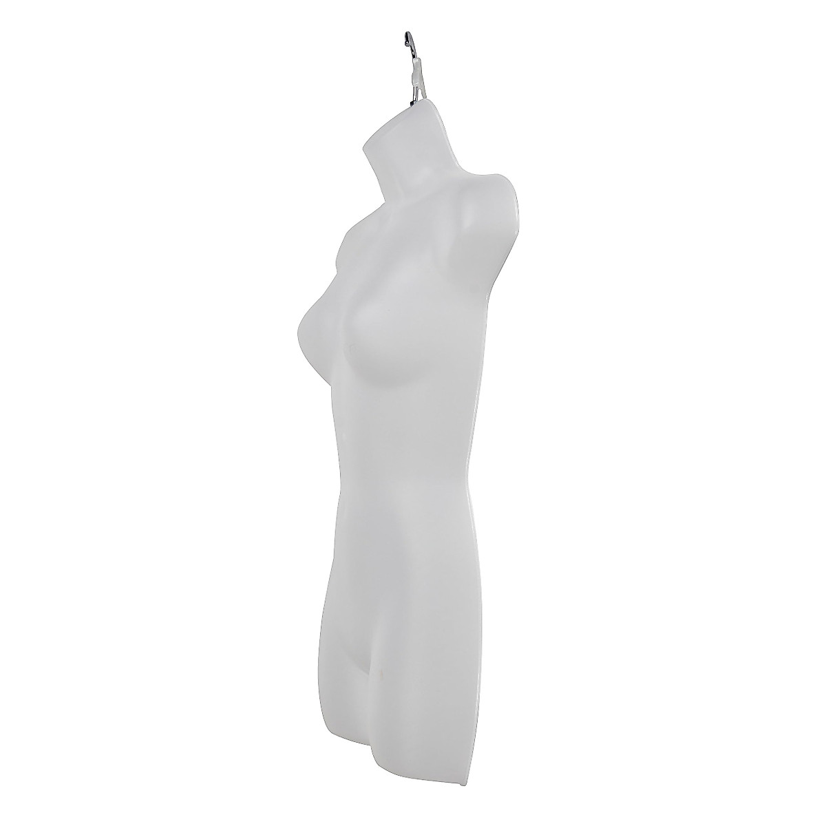 SSWBasics Female Molded Shatterproof Frosted Shapely Torso Form with Hook - Fits Women's Sizes 5-10 - Hanging Fashion Form Mannequin to Display Top and Bottom Merchandise