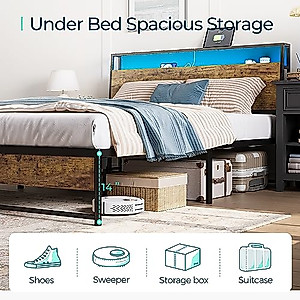 LINSY Full Bed Frame with Ergonomic Headboard, 14 inch Fast Assembly Metal Bed with Lights, Outlets & USB, Bed Frame Full Size with Storage, Noise Free, No Box Spring Needed, Rustic Brown