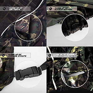 Breathable Motorcycle Cover W/Elastic Bottom. Premium Heavy Duty Outdoor Waterproof All Season Polyester W/Soft Screen Shield. Universal Heat Resistant Lockable Fabric (Camouflage, Medium)