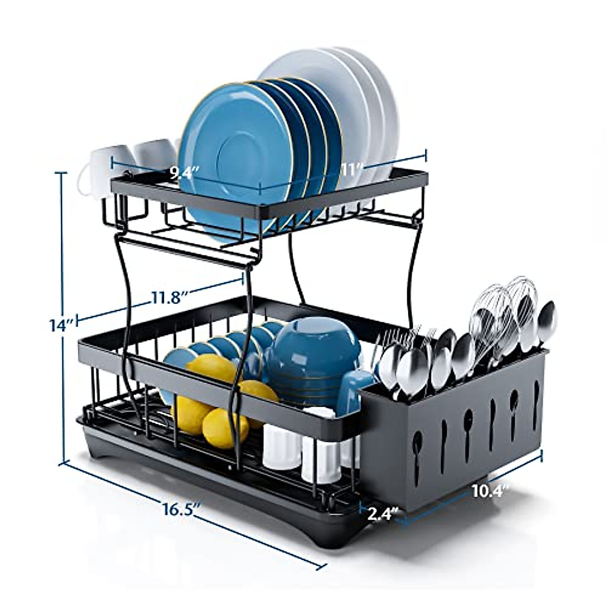 Dish Drying Rack for Kitchen Counter, 2 Tier Dish Rack Large Space Saving Kitchen Dishes Tray Drying Racks with Drainboard, Black Best Dish Drainer Set