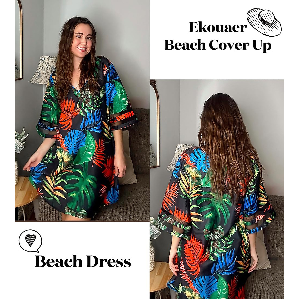 Ekouaer Women's Beach Coverups 3/4 Mesh Sleeve Bathing Suit Cover Ups Hawaiian Print Beach Dress Loose Fit Swimwear Beach Dress