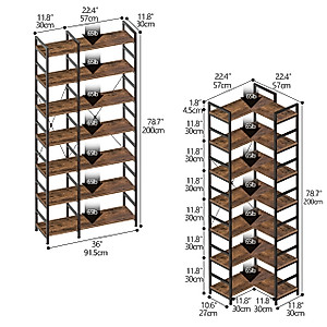 Tohomeor 7-Shelf Corner Bookshelf Freestanding Large Modern Corner Bookcase 7-Tier Tall Corner Shelf Storage Display Rack with Metal Frame for Living Room Home Office (Rustic Brown, 7 Tier)