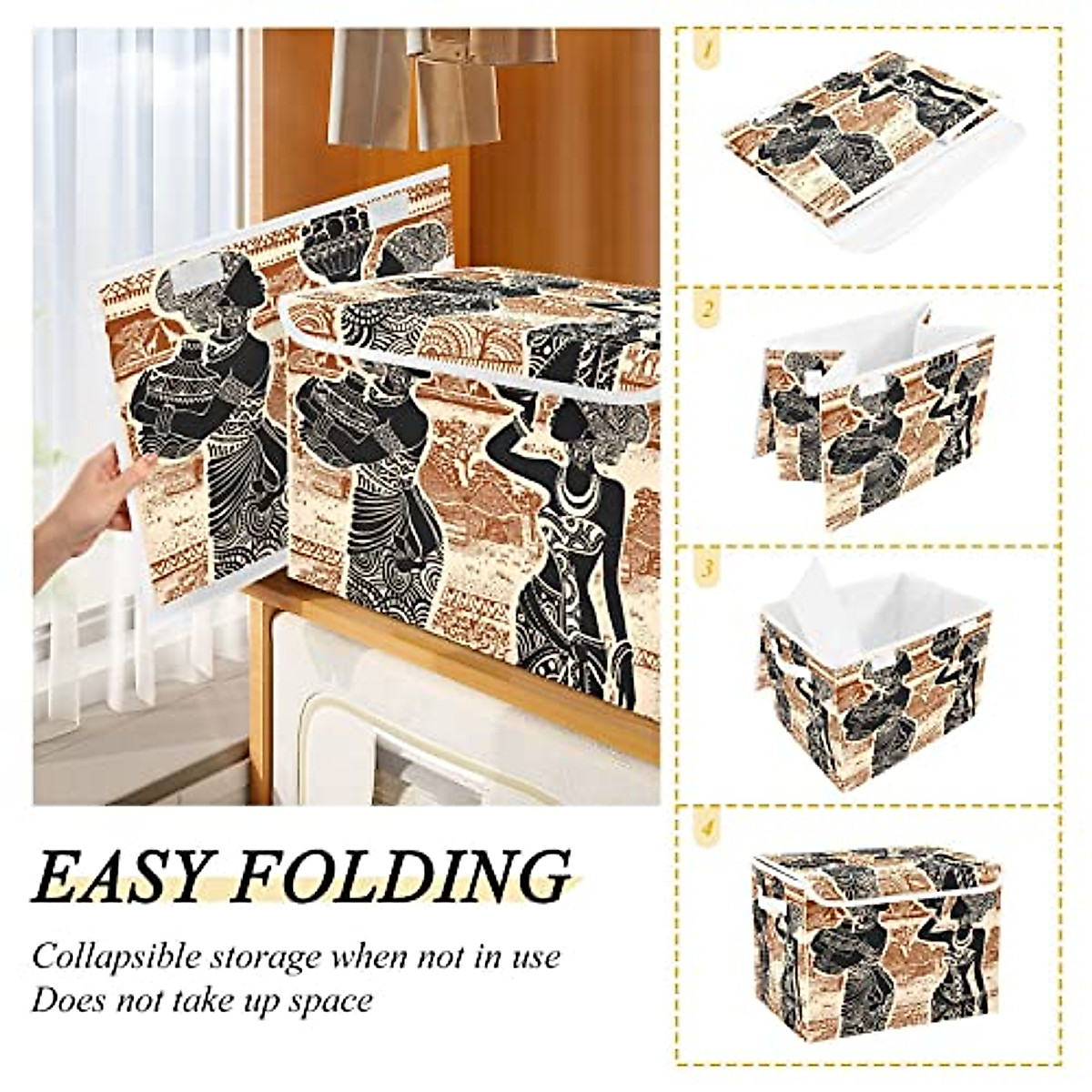 Krafig Art African Girl Foldable Storage Box Large Cube Organizer Bins Containers Baskets with Lids Handles for Closet Organization, Shelves, Clothes, Toys