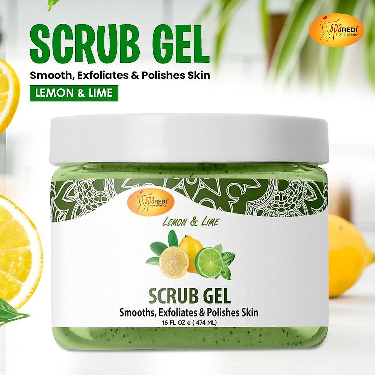 SPA REDI – Exfoliating Scrub Pumice Gel, Lemon & Lime, 16 Oz - Manicure, Pedicure and Body Exfoliator Infused with Hyaluronic Acid, Amino Acids, Panthenol and Comfrey Extract