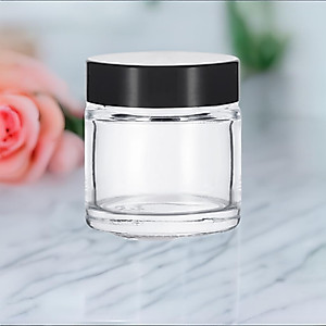 1 oz / 30 ml Clear Thick Wall Glass Straight Sided Jar with Black Smooth Lids (12 Pack) Airtight, Smell Proof