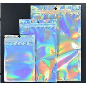 AMBESTAR 50 Pcs Resealable Smell Proof Bags, Small Holographic Color Resealable Foil Ziplock Pouch for Storage Food, Candy, Chocolate, Coffee Beans, Camping Spices and More, Small (4 x 6 Inches)