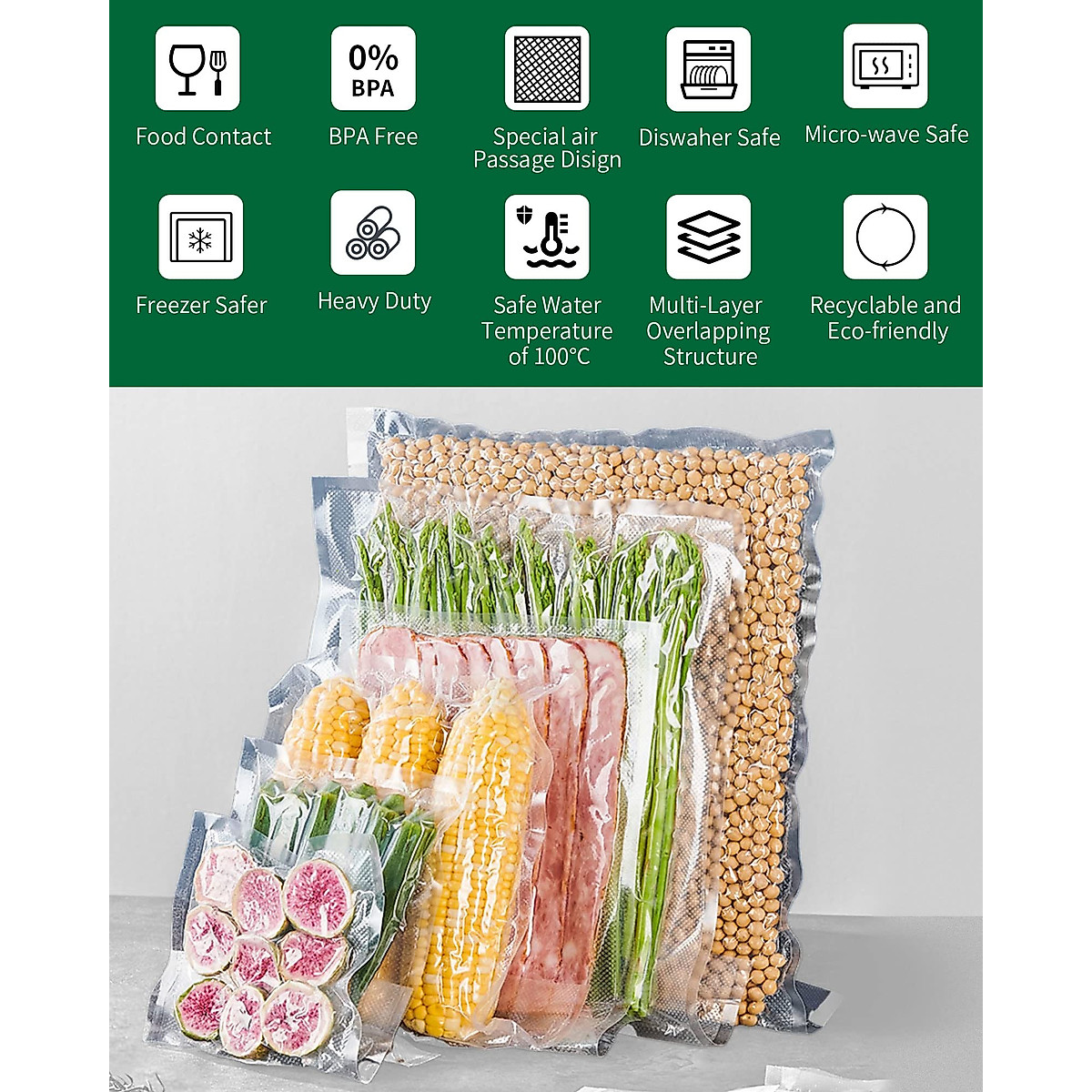 ZRFooCoo Vacuum Sealer Bags, 50 Count 12" x 16" Freezer Bags for Vacuum Sealer, BPA Free Heavy Duty Vacuum Sealer Bags for Airtight Food Storage and Sous Vide