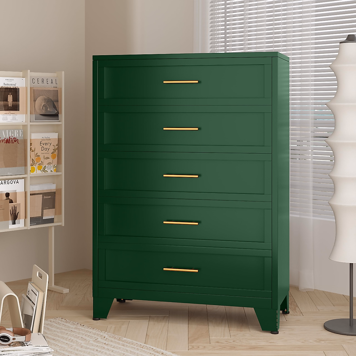 KAIFAM 5 Drawer Dresser, Dressers & Chest of Drawers for Bedroom, Metal Storage Cabinet Organizer with Drawers for Living Room, Hallway, Entryway, Home Office (Dark Green)