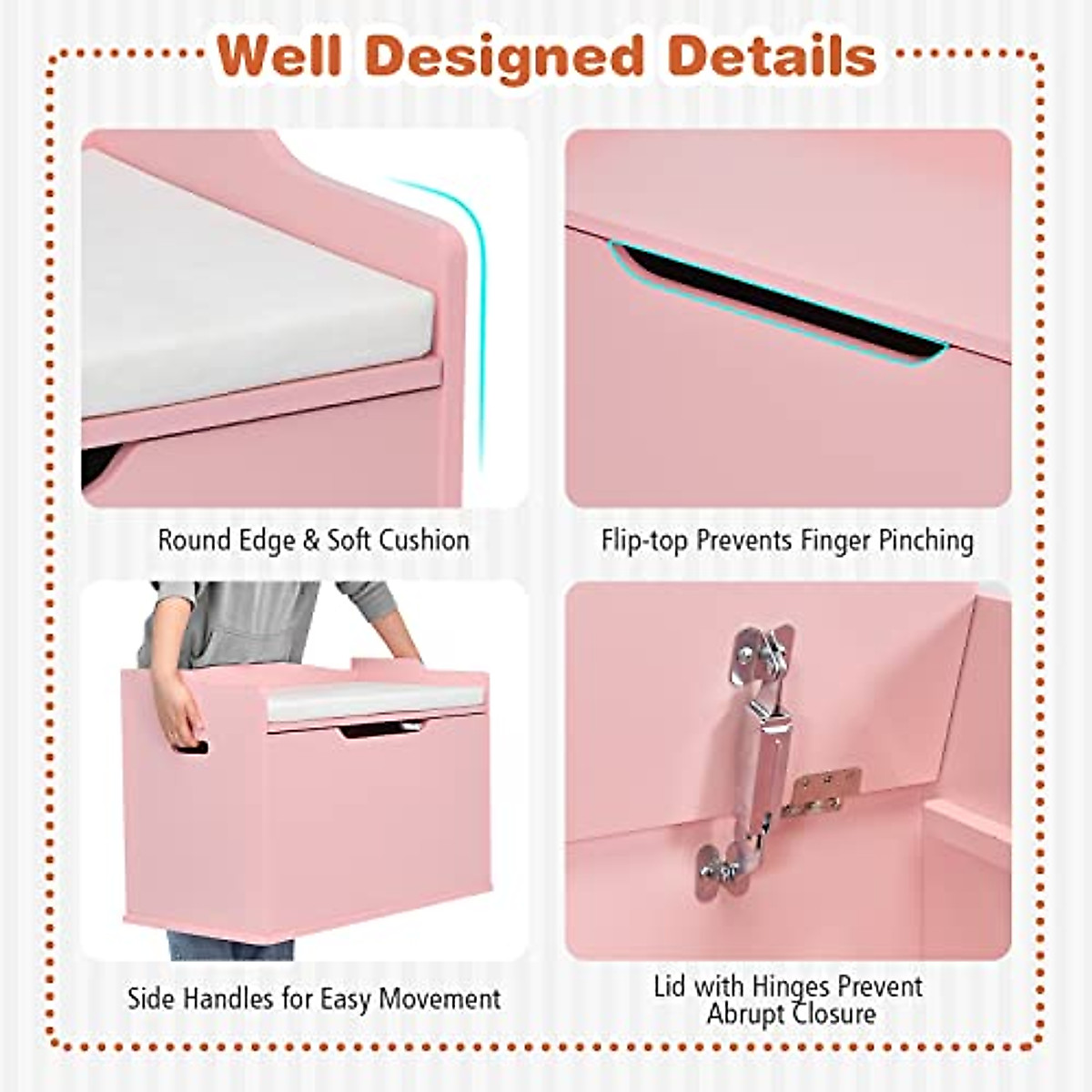 Costzon Kids Wooden Toy Chest, Wide Toy Box Storage Chest with Bench Seat, Toy Storage Trunk Case with Finger-Pinch Prevention, Lift-Top Foot Rest Seat for Toddler Bedroom Playroom Entry (Pink)