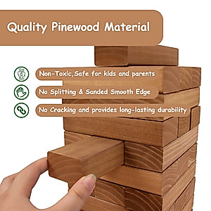 Juegoal 54 Pieces Giant Tumble Tower Blocks Game Giant Wood Stacking Game with 1 Dice Set, Gameboard, Canvas Bag for Adult, Kids, Family, Brown