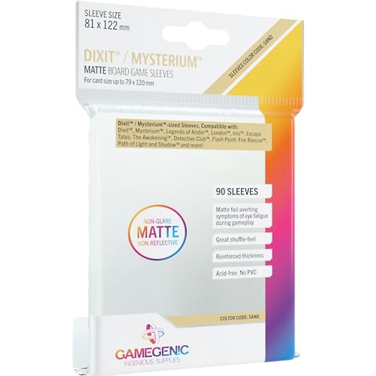 Matte Board Game Sleeves | Pack of 90 Matte Sleeves | 81 by 122 mm Card Sleeves Optimized for Use with Dixit and Mysterium | Premium Card Protection | FFG Sand Color Code | Made by Gamegenic