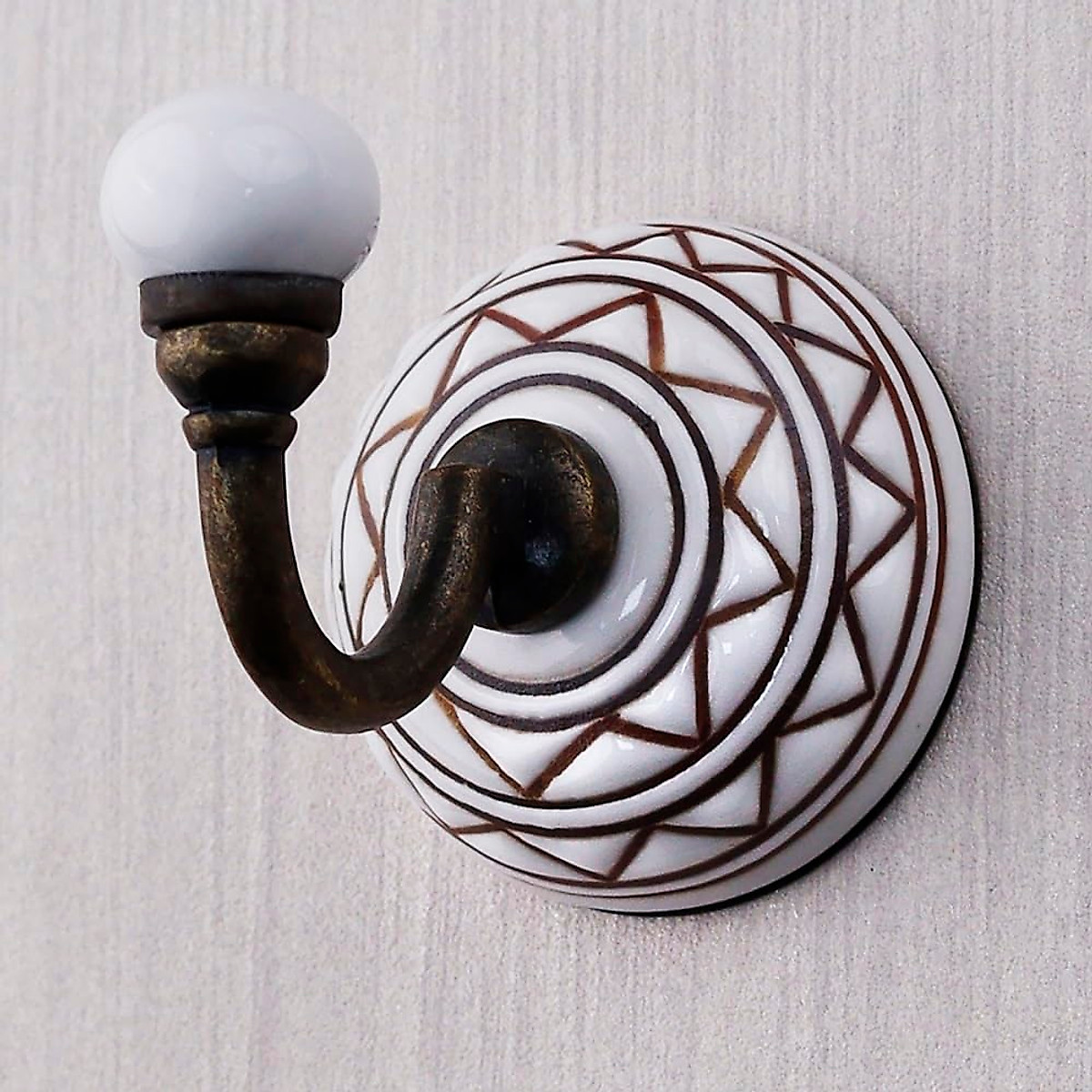 IndianShelf 1 Pieces Brass White Round Decorative Coat Hooks Kitchen Unique Ceramic Wall Hooks for Hanging Towel Hook Farmhouse Backpack Purse Hanger Heavy Duty Entryway Shower Robe Holder Hat Rack