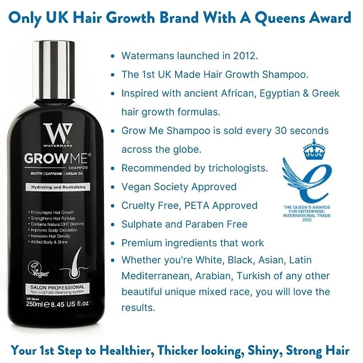 Watermans Grow Me® Hair Growth Shampoo, Caffeine, Biotin, Argan Oil, Rosemary Oil. Anti-Thinning Shampoo, Improves Hair Volume, DHT Blocking for Hair loss in Women & Men. 8.45 fl. oz